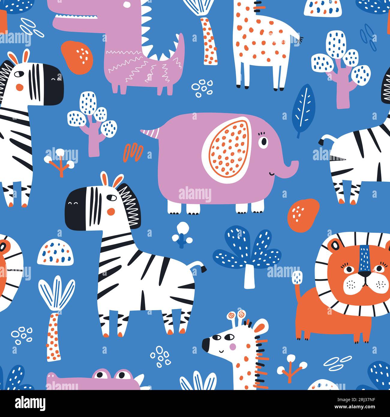 Vector seamless repeating color baby pattern with cute animals on white ...