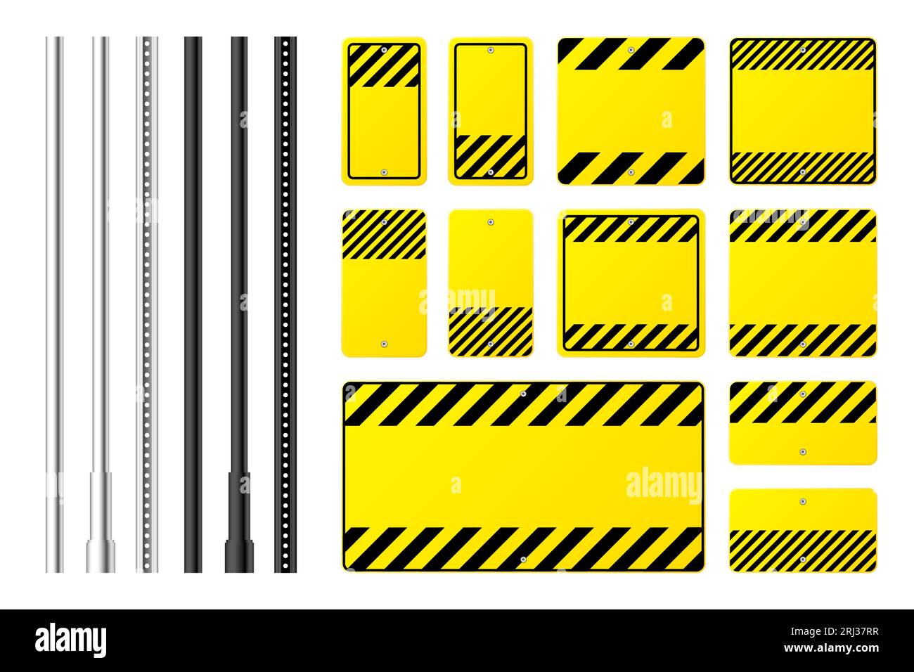 Warning, danger signs, attention banners with metal poles. Blank yellow ...