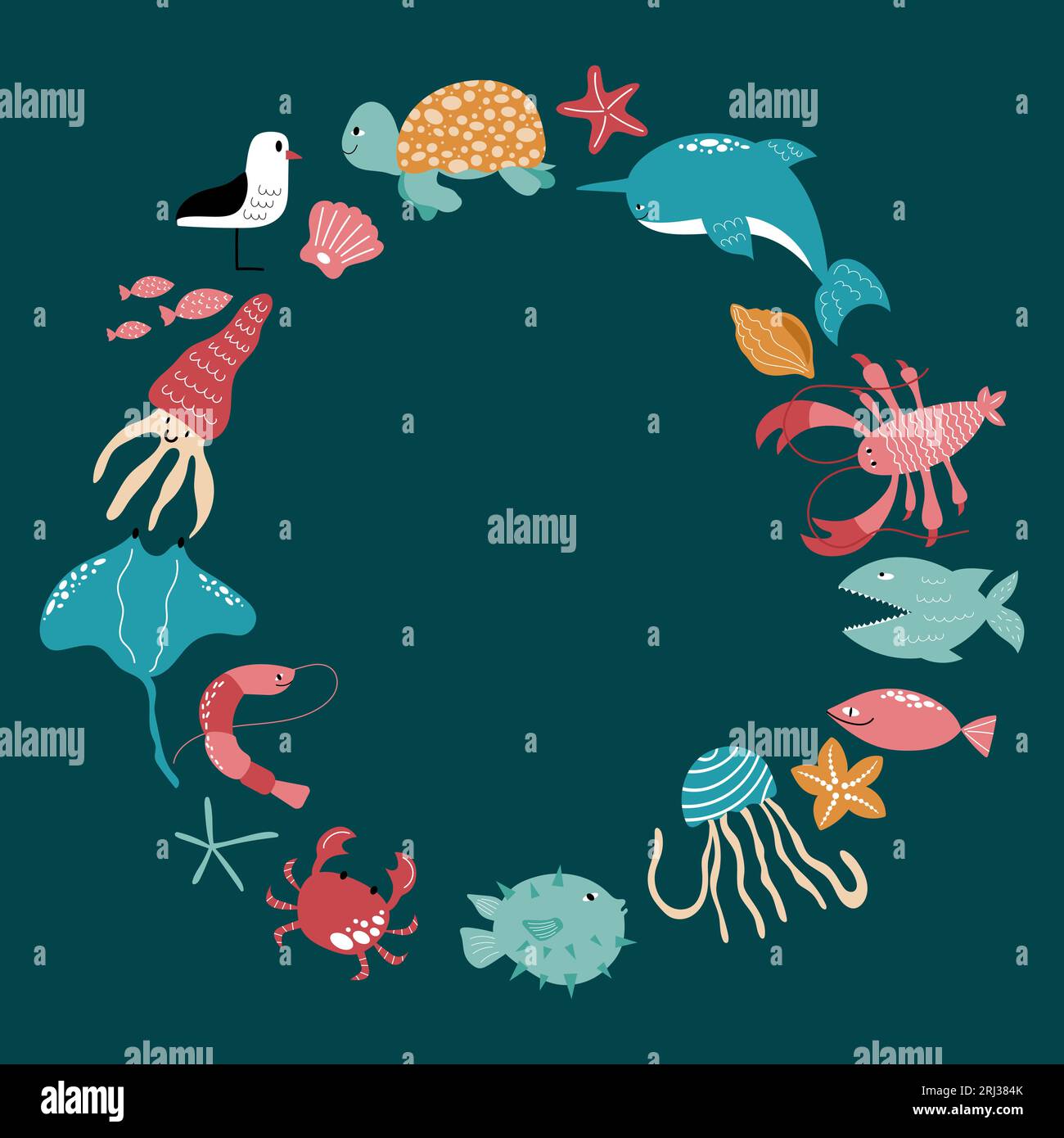 Colourful handdrawn sea animals turtle, fish, crab, lobster, starfish ...