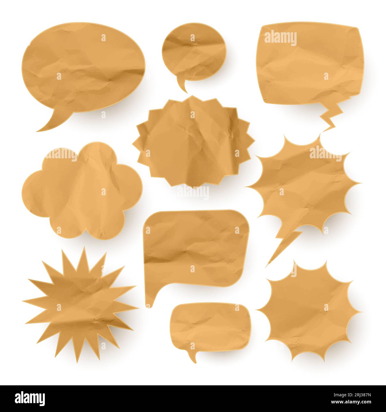 Crumpled paper comic speech bubbles. Hand drawn retro cartoon stickers ...