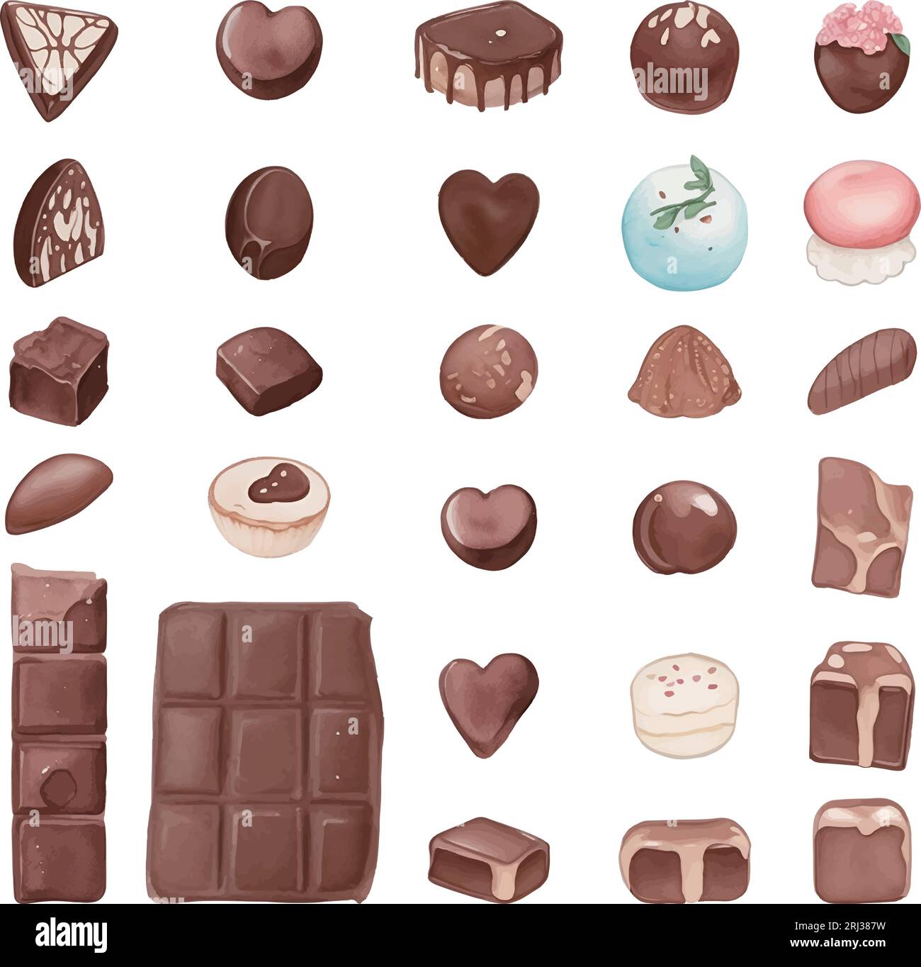 Chocolate sweets set. Hand drawn watercolor illustration on white ...