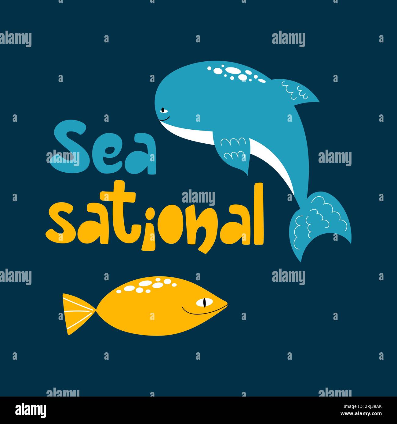 Sea sational handdrawn phrase with whale and fish. Sensational ...