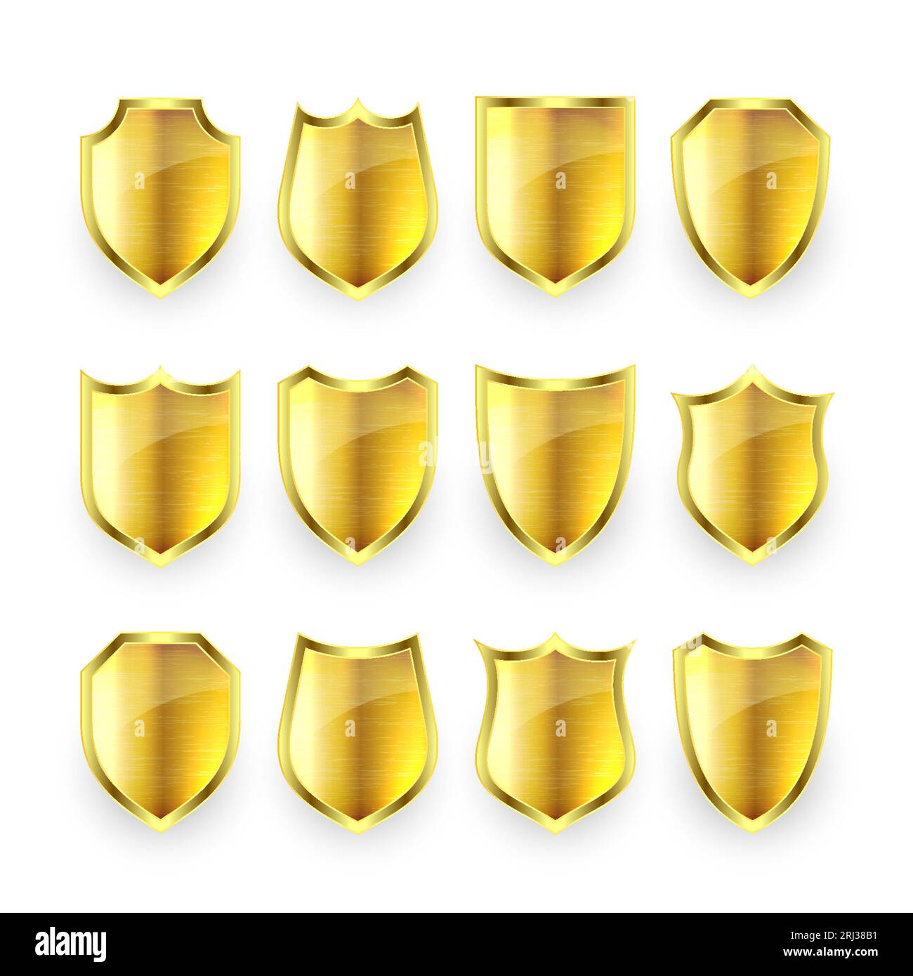 Set of various vintage 3d metal shield icons. Shiny golden heraldic ...