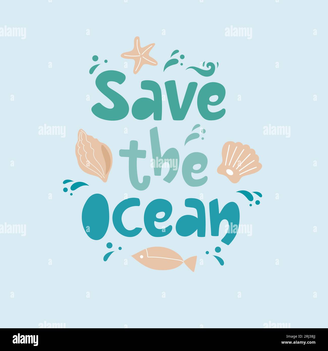 Save The Ocean Handdrawn Cute Lettering Composition With Seashells And