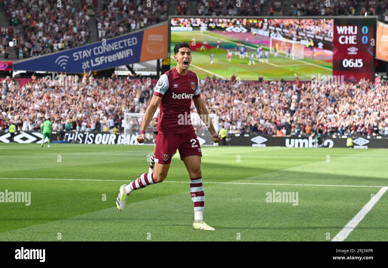 London, UK. 20th Aug, 2023. Nayef Aguerd of West Ham Utd celebrates ...