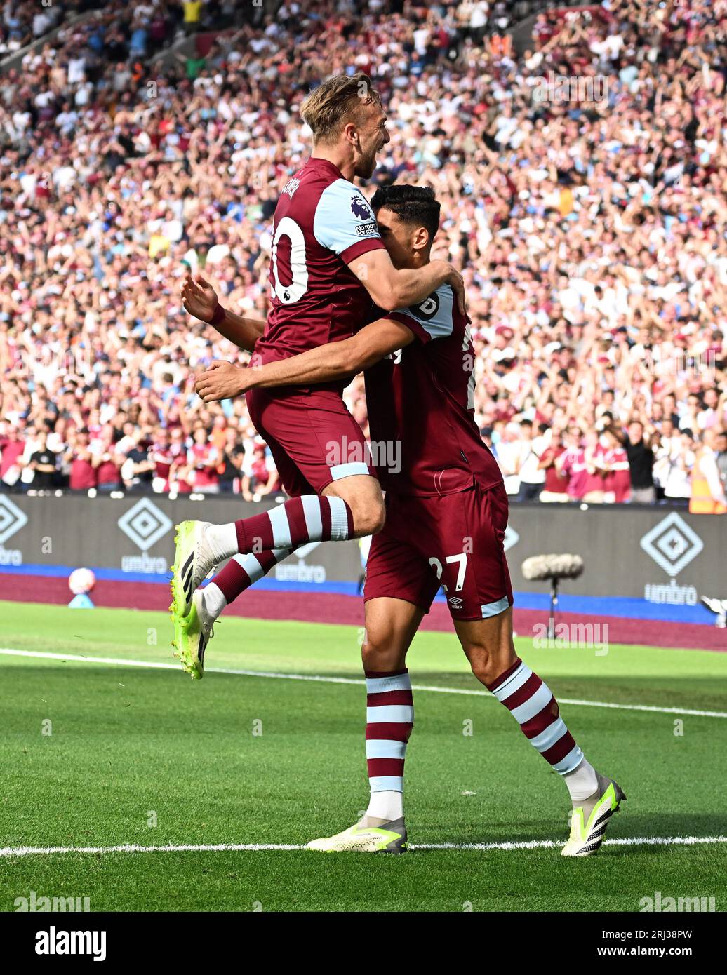 London, UK. 20th Aug, 2023. Nayef Aguard of West Ham Utd celebrates ...