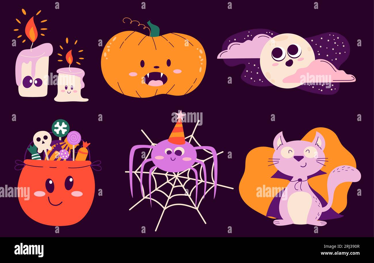 Hanndrawn collection of cute Halloween characters with emotions. Mascot ...