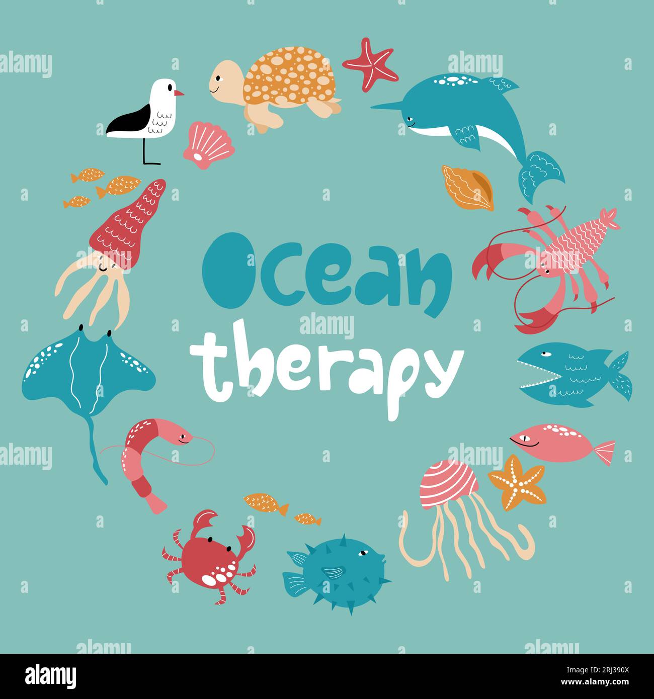Ocean therapy handdrawn composition surrounded by colourful sea animals ...