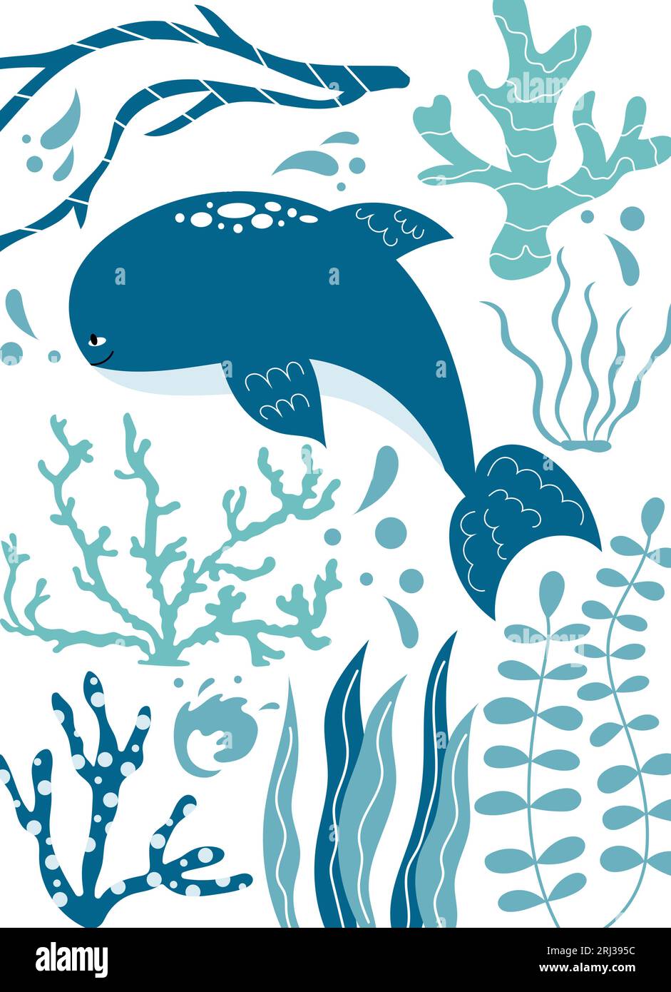 Handdrawn sea poster with whale, seaweeds and corals in blue color ...