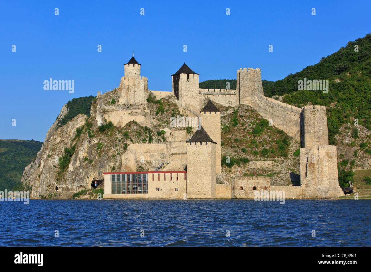 The medieval Golubac Fortress (14th century) in Golubac, Serbia on a ...