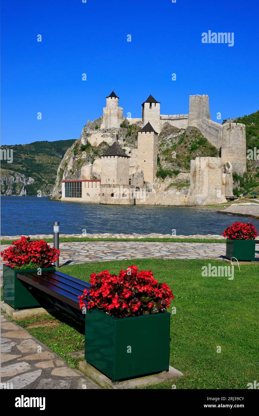 The medieval Golubac Fortress (14th century) in Golubac, Serbia on a ...