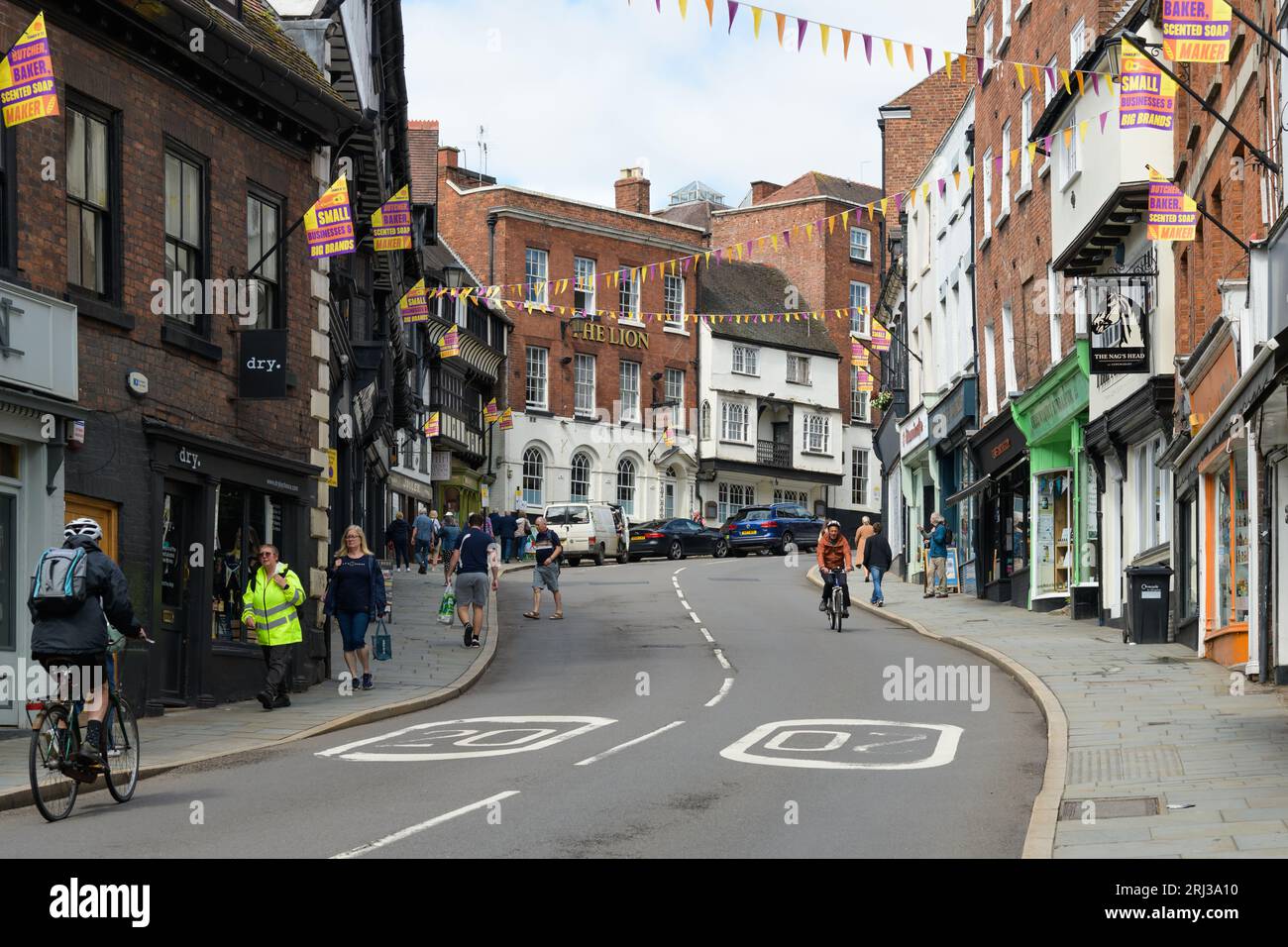Shrewsbury, UK - July 19, 2023; Street scene of Wyle Cop hill in ...