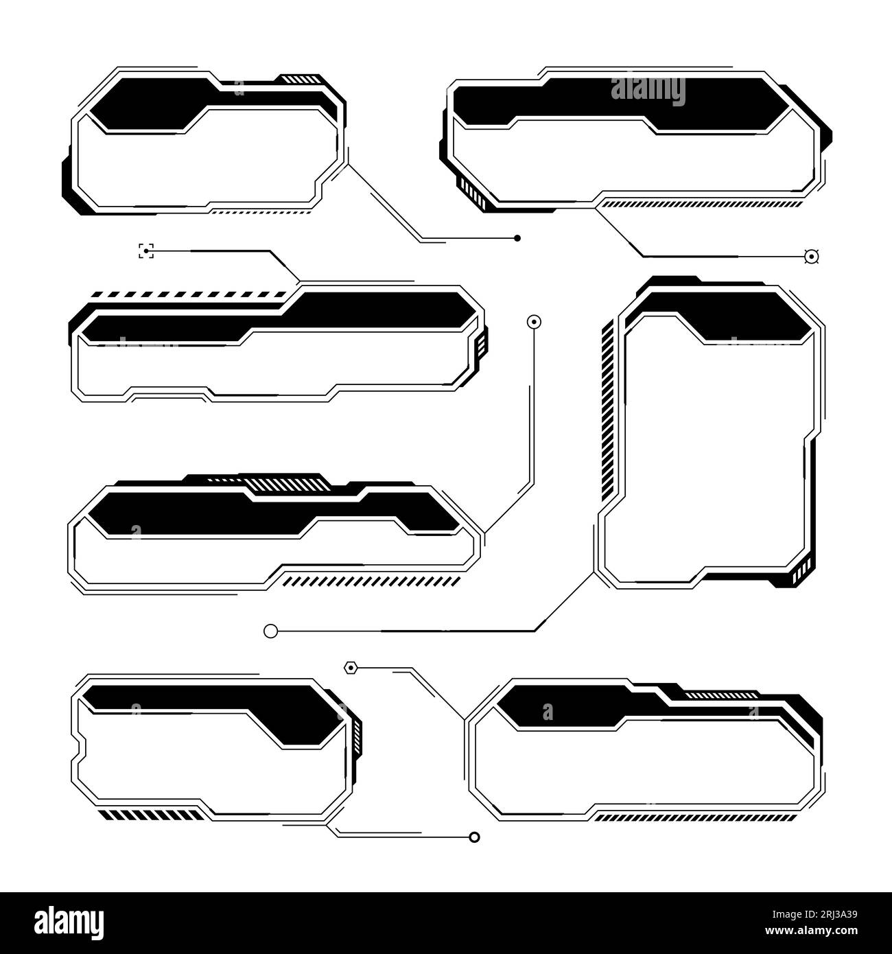 Black futuristic HUD or UI elements. Sci-fi user interface text boxes, callouts. Warning message ...