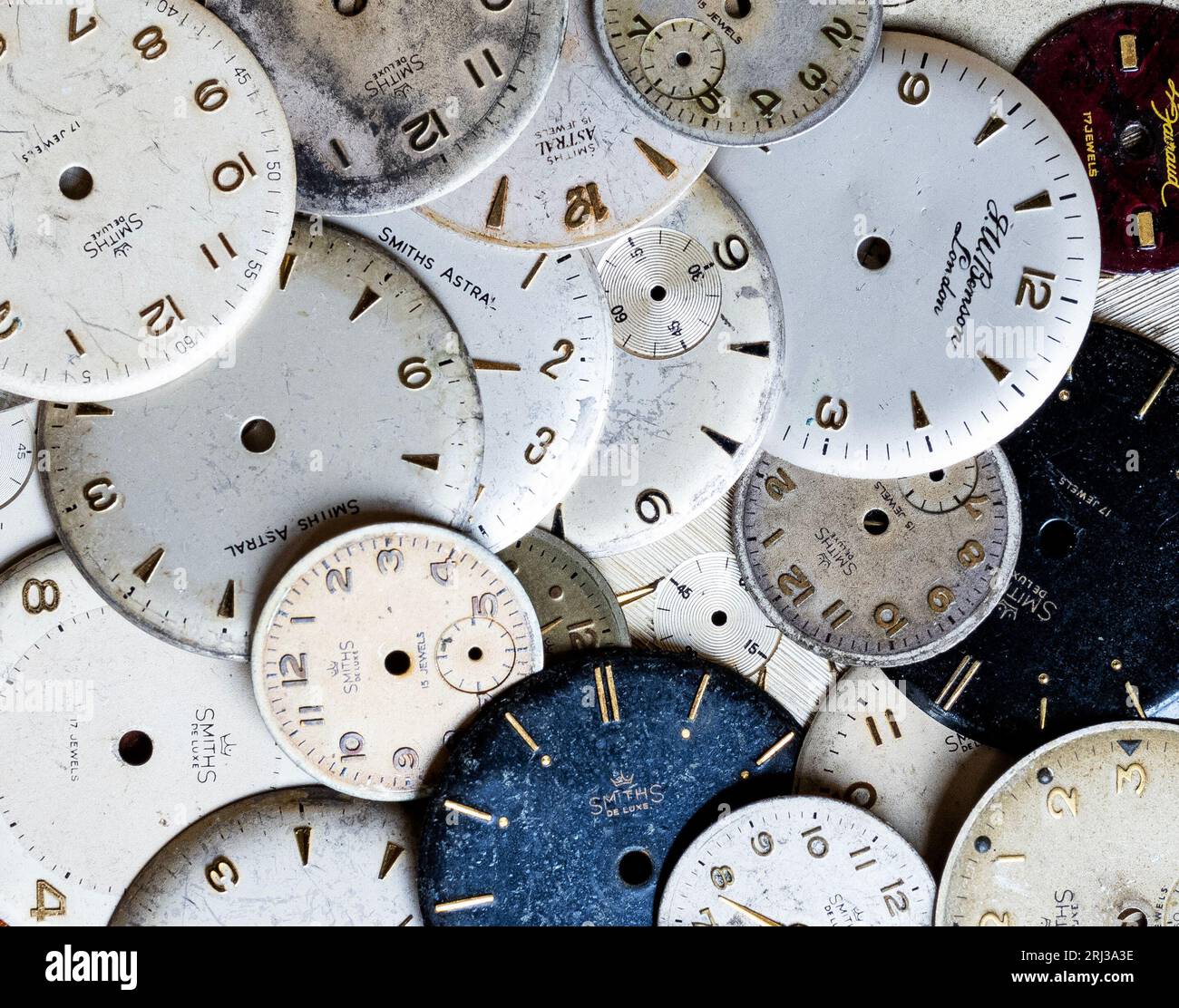 Collage of watch faces (dials), mostly a British make, Smiths Astral ...