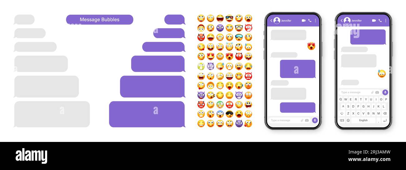 Smartphone messaging app, user interface design with emoji. SMS text ...
