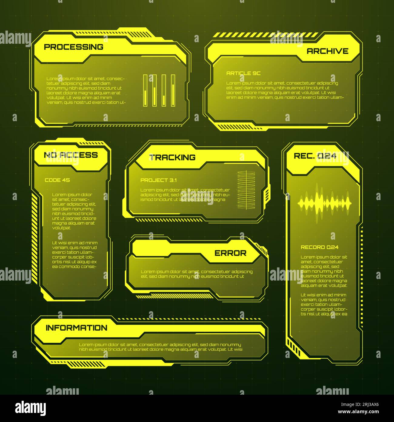 Yellow futuristic HUD, UI elements. Sci-fi user interface text boxes ...