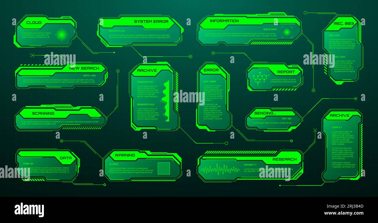 Green futuristic HUD, UI elements. Sci-fi user interface text boxes ...