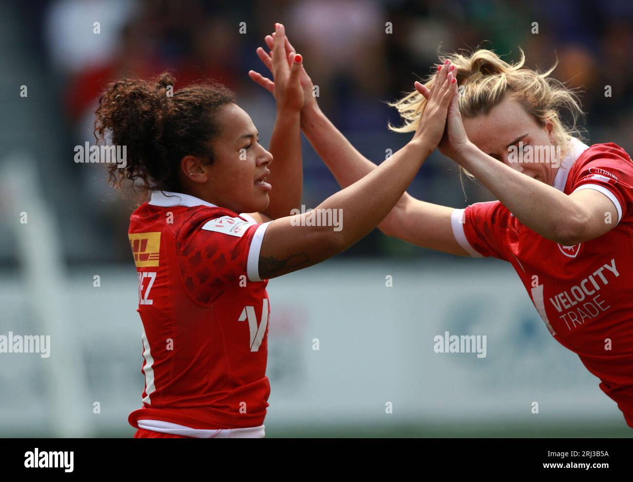 Langford, Can. 19th Aug, 2023. Canada's Fancy Bermudez celebrates a try ...