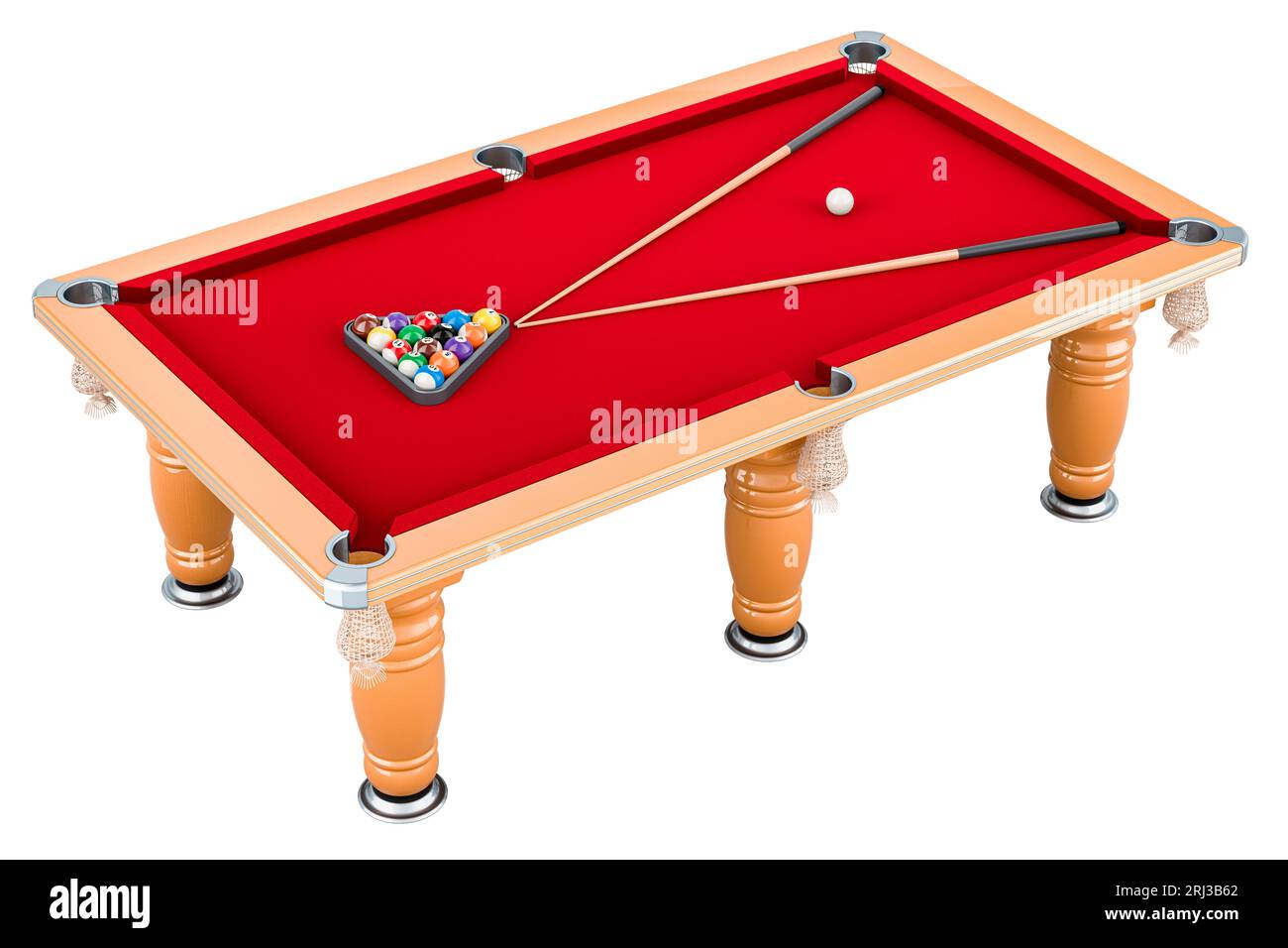 Red billiard table with balls and cue, 3D rendering isolated on white ...