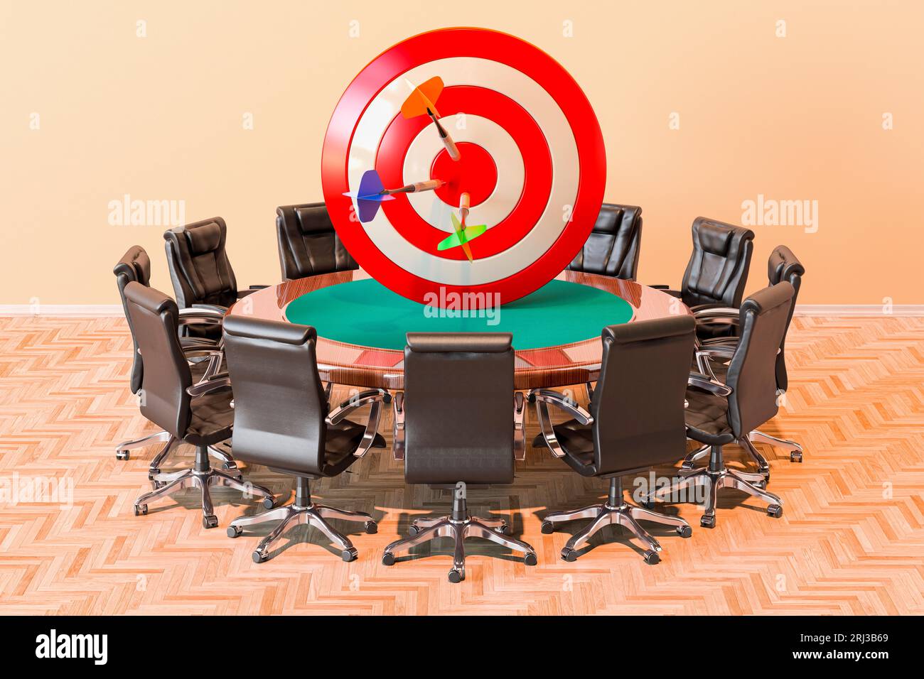 Round table with target with arrows and armchairs around, 3D rendering ...