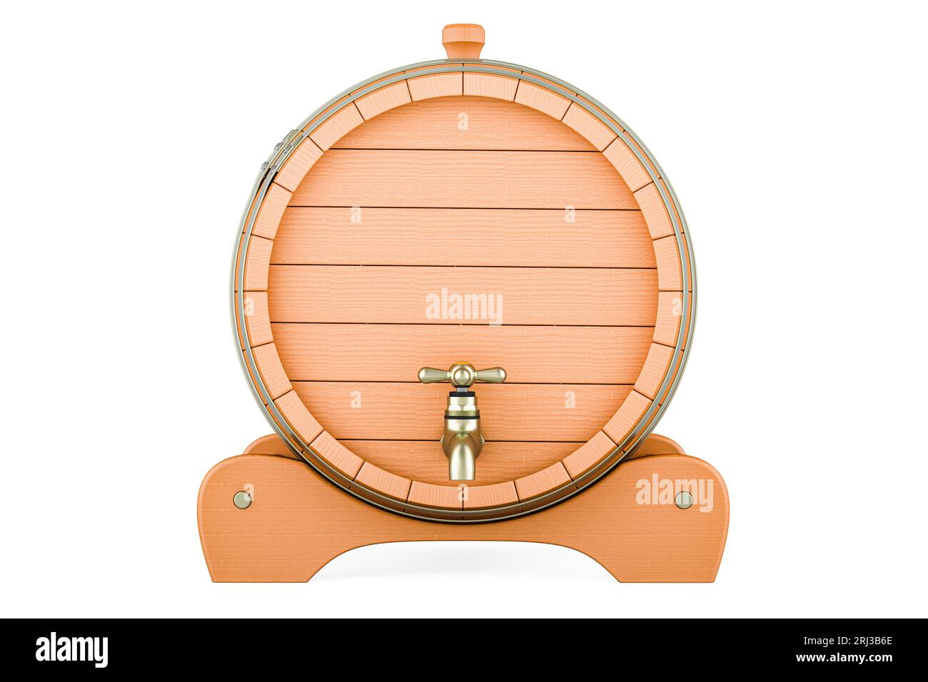 Wooden barrel with valve and stand, front view. 3D rendering isolated ...