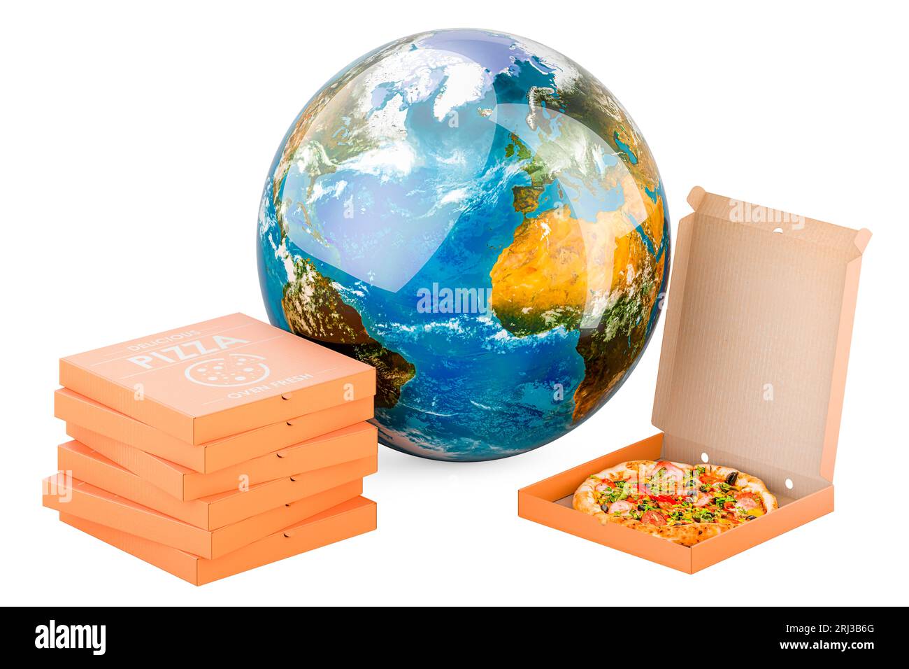 Pizza boxes with Earth Globe, 3D rendering isolated on white background ...