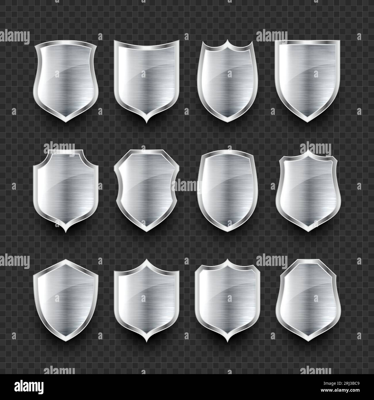 Set of various vintage 3d metal shield icons. Shiny steel heraldic ...
