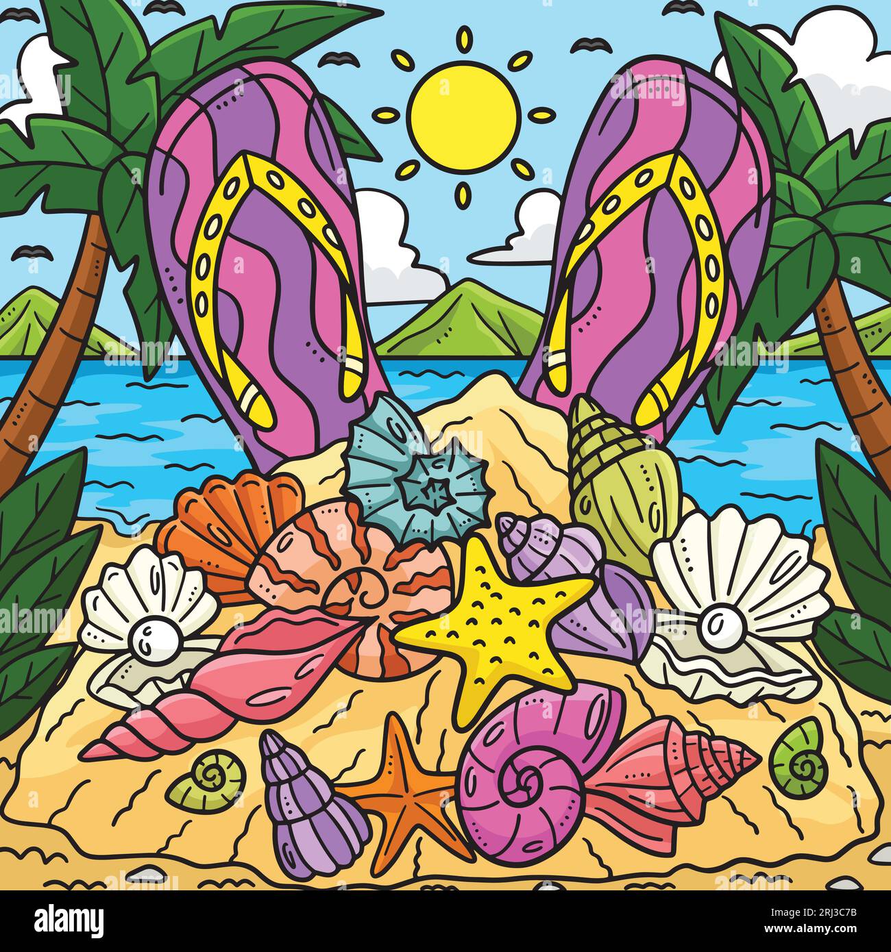 Summer Slippers and Seashells Colored Cartoon Stock Vector Image & Art ...