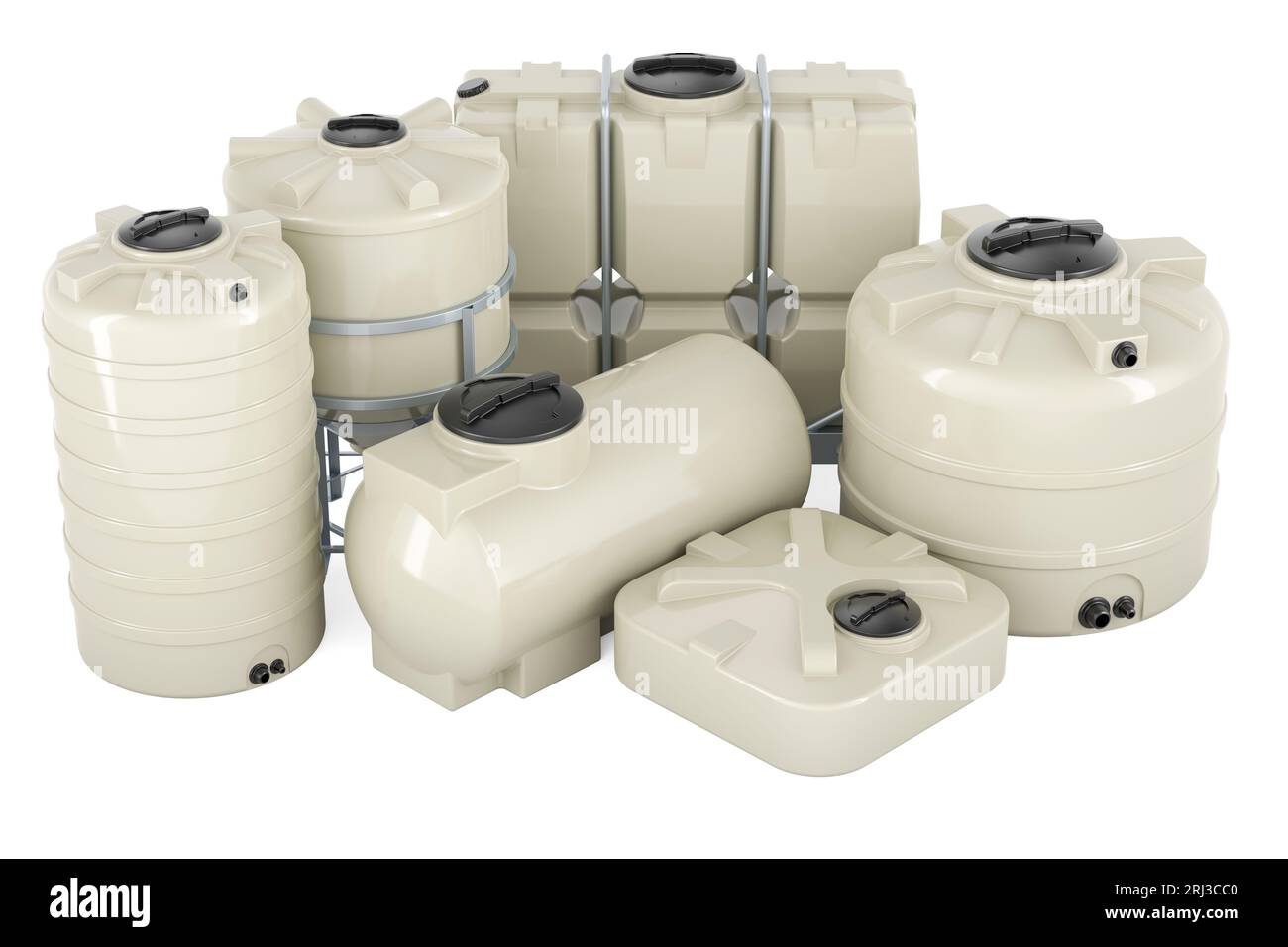 Different plastic tanks for water and other liquid, 3D rendering ...