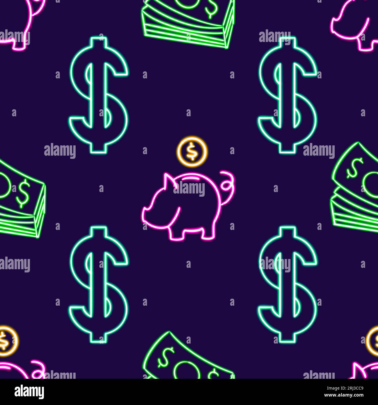 Neon Finance Seamless Pattern, Glowing Dollar Bills and Piggy Bank ...