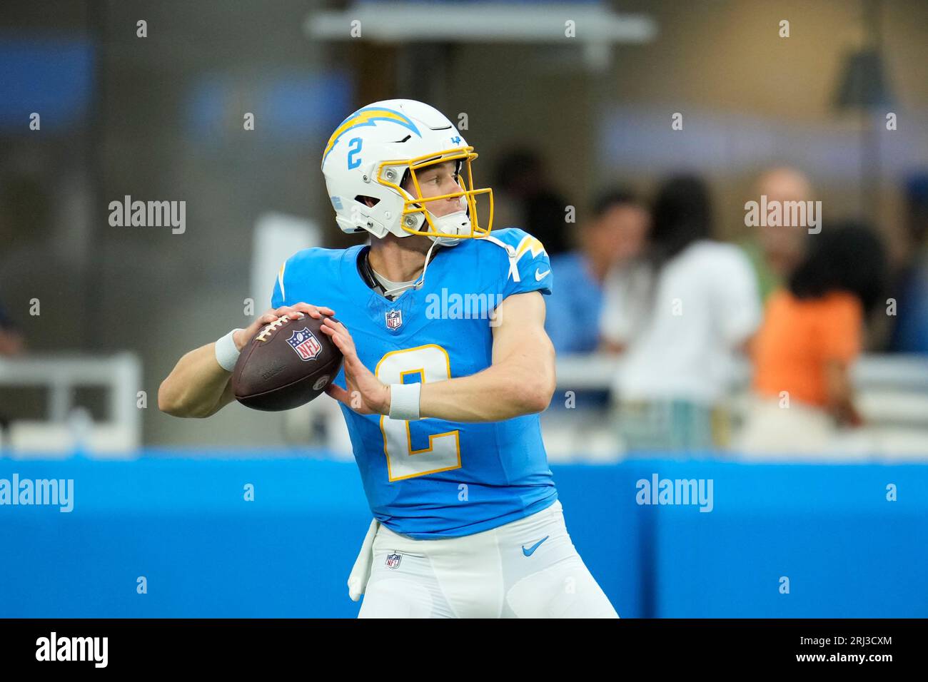 Los Angeles Chargers quarterback Easton Stick (2) warms up before an ...