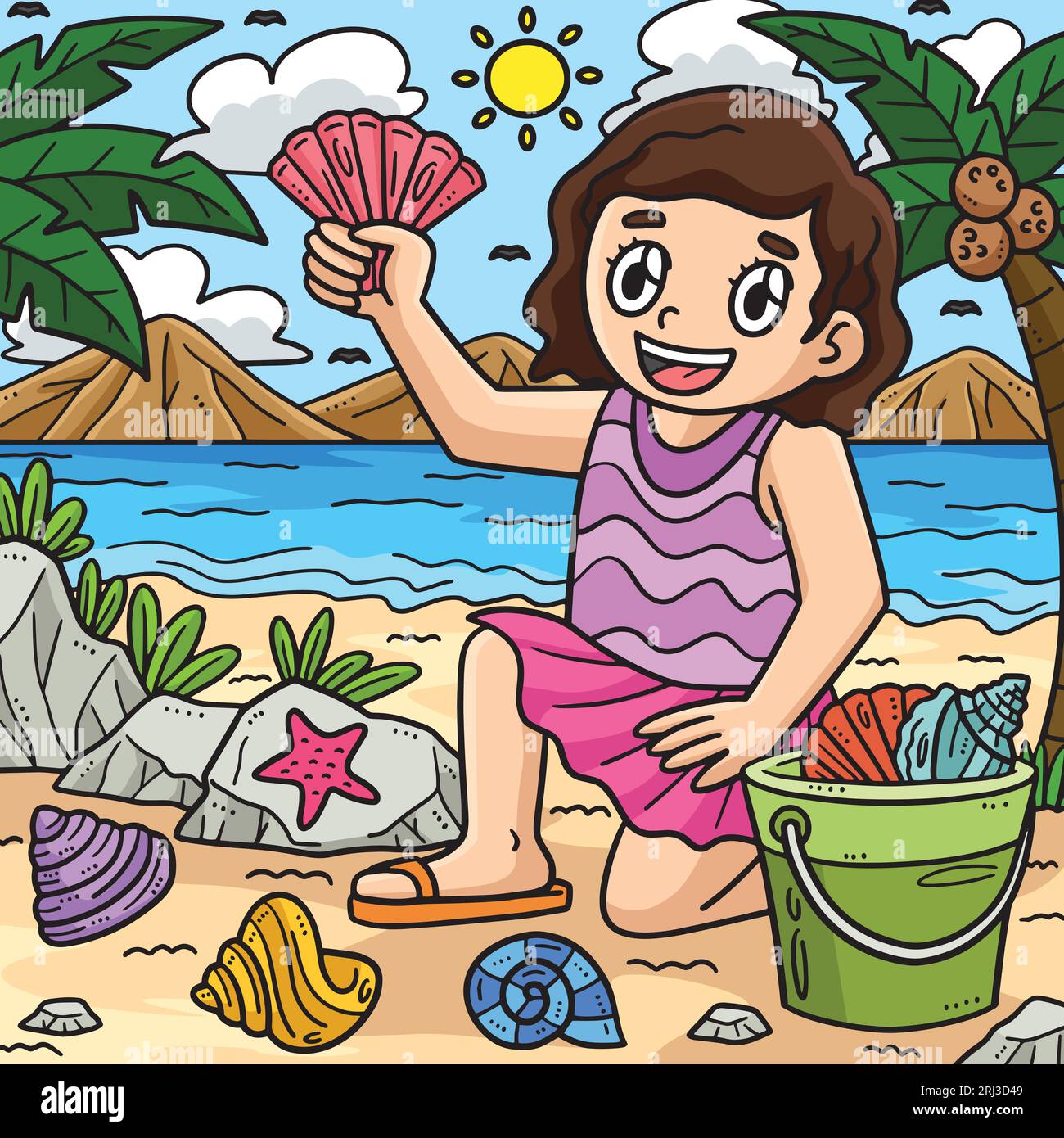 Summer Child Collecting Sea Shells Colored Cartoon Stock Vector Image ...