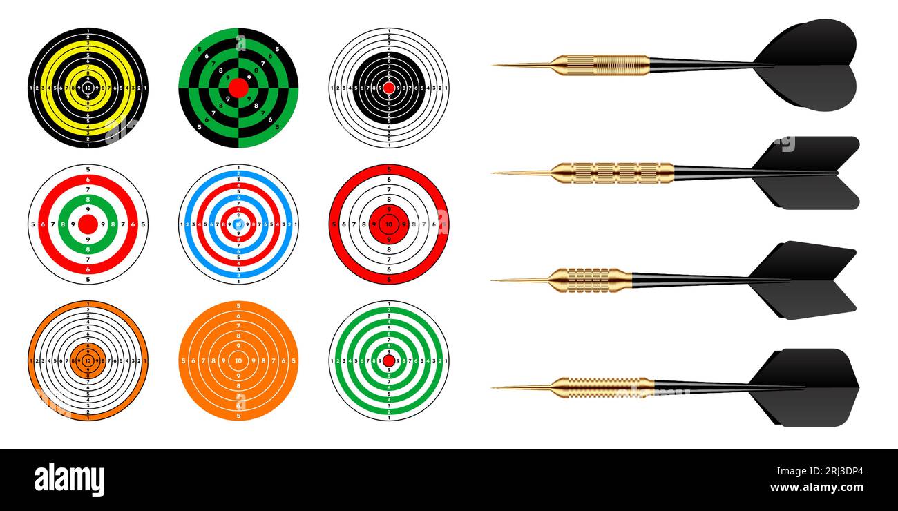 Paper targets with dart arrows. Shooting range round target, divisions ...