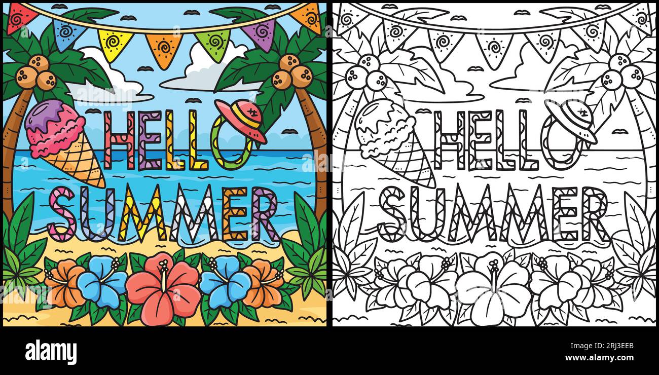 Hello Summer Coloring Page Colored Illustration Stock Vector Image ...