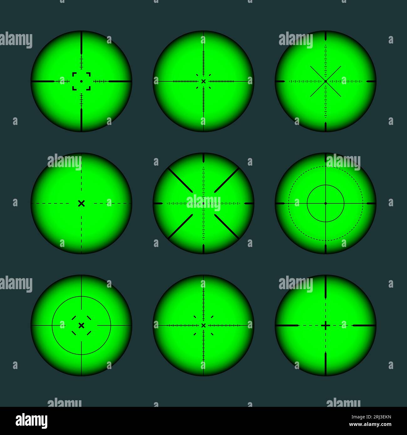 Various weapon night sights, sniper rifle optical scopes. Hunting gun ...