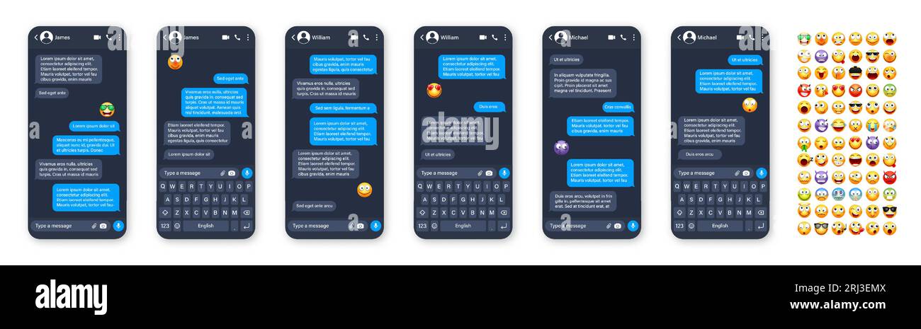 Smartphone messaging app, user interface with emoji. SMS text frame ...