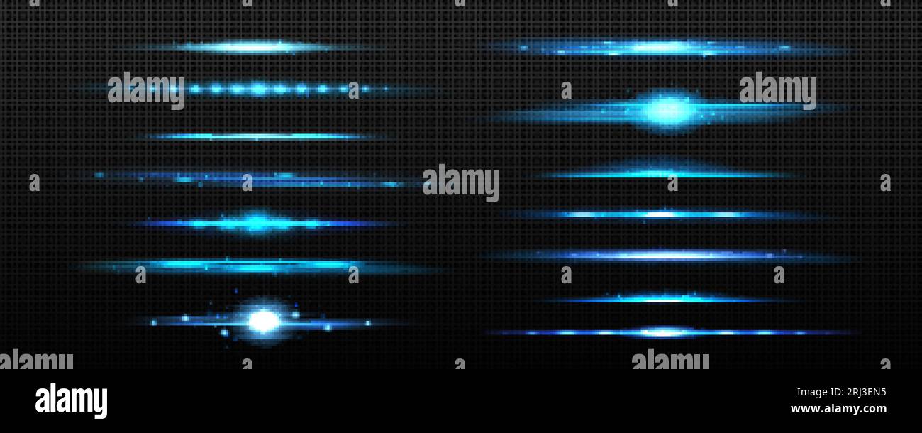 Horizontal blue sparkle light glow line divider vector. Transparent flare beam effect with neon ...