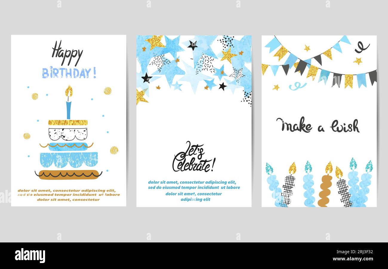 Happy Birthday cards set in blue and golden colors. Celebration vector ...