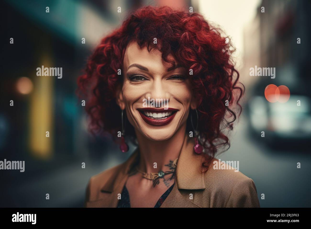 A cheerful portrait of a beautiful Afro-American trans woman smiling ...