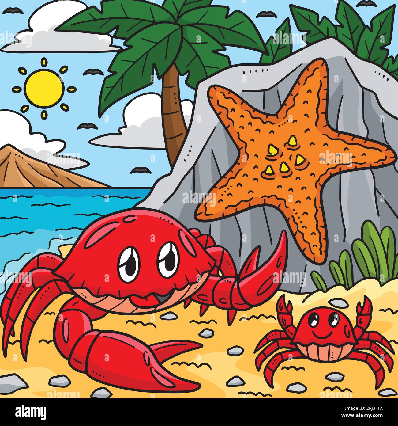 Summer Crabs and Starfish on Shore Colored Cartoon Stock Vector Image ...