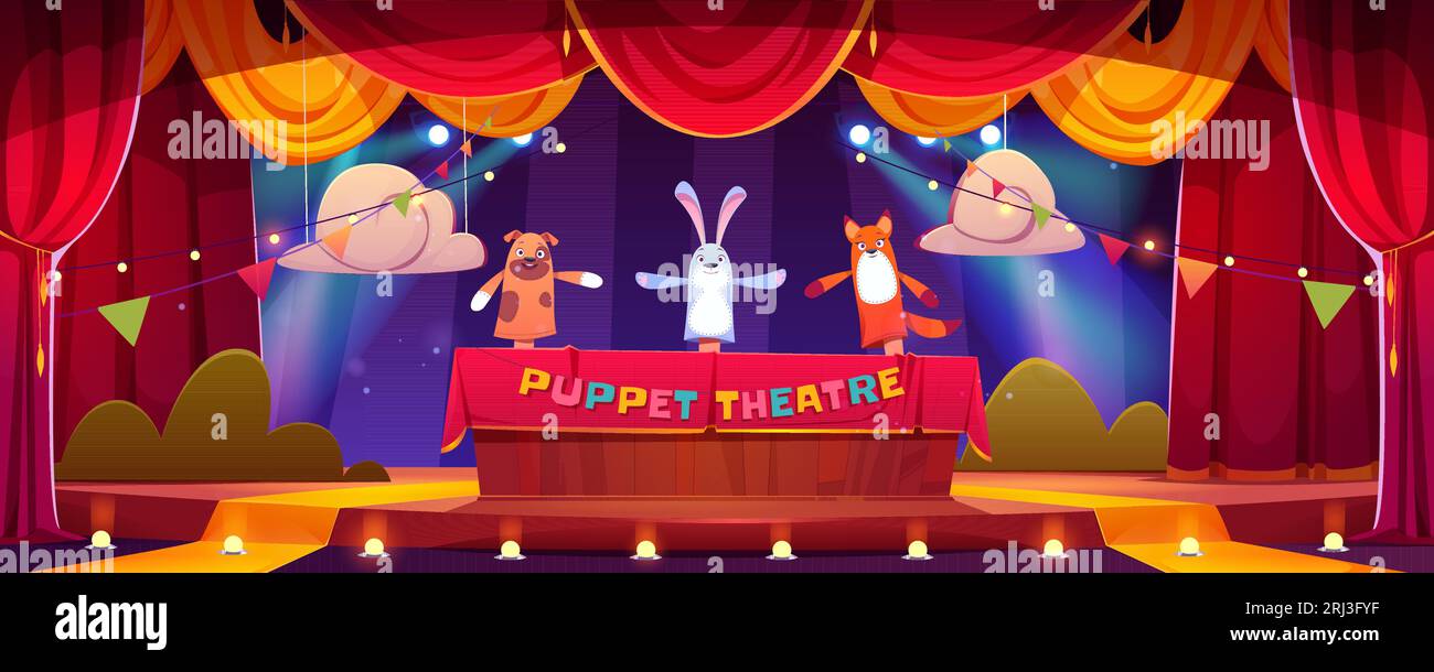 Puppet theater child show stage vector background. Kid theatre with ...