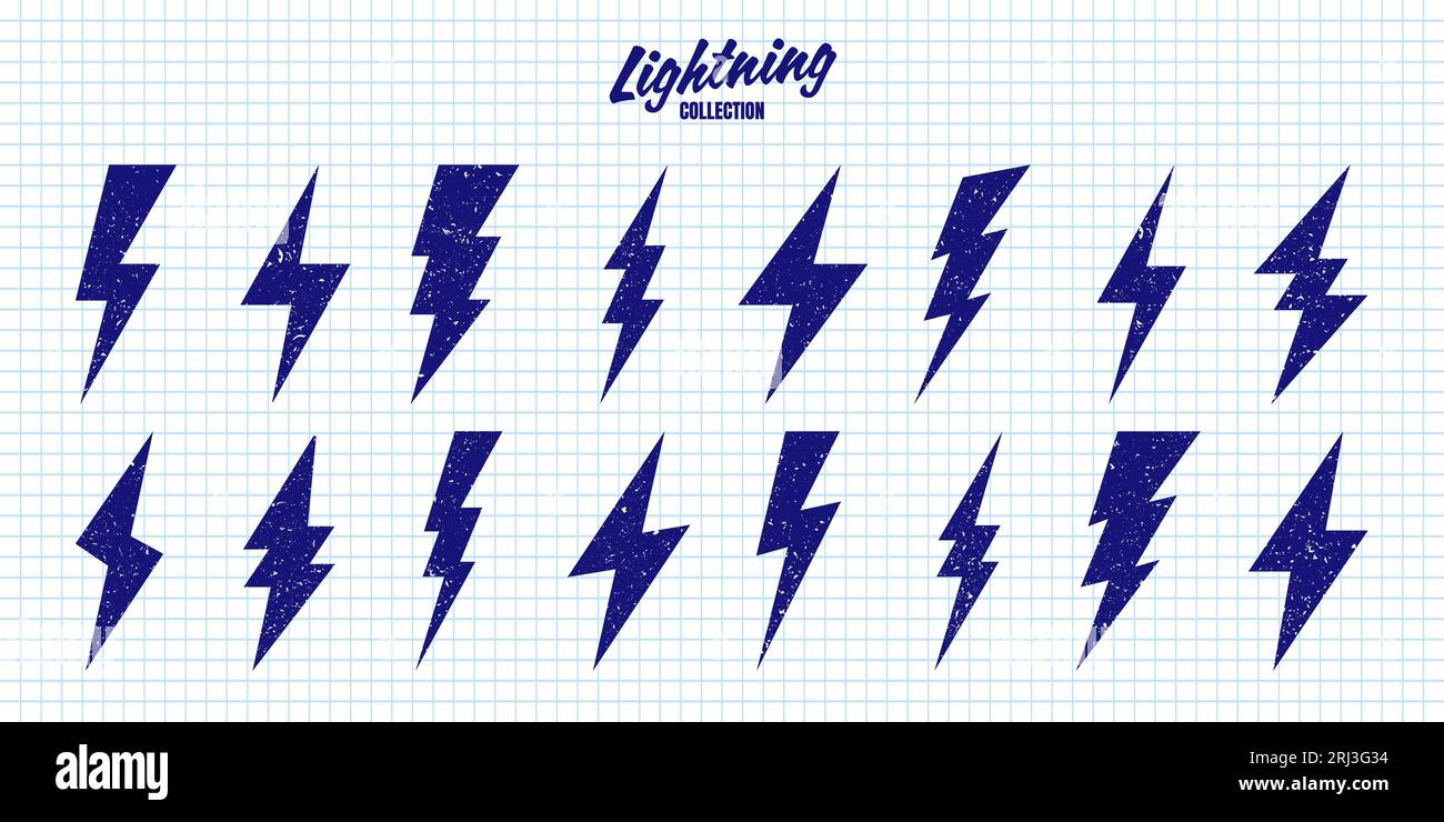 Hand drawn lightning bolt icons with grunge texture on checkered paper ...