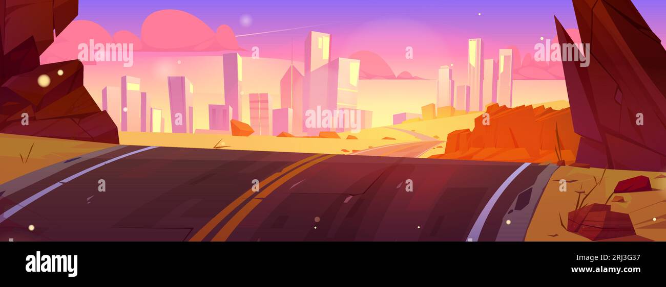 Curvy highway running through desert to modern city. Vector cartoon ...