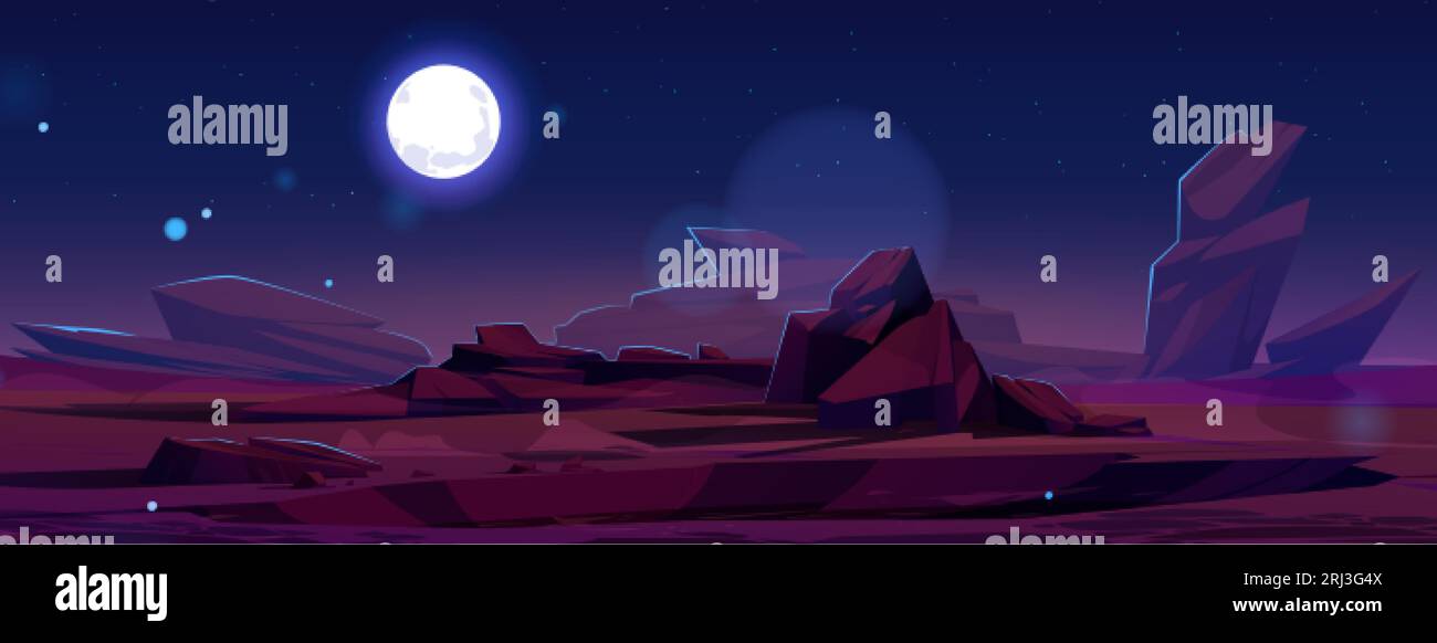 Empty night desert landscape under full moon light in starry sky ...