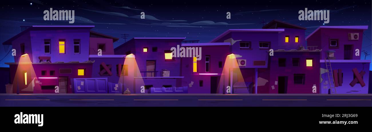 Night ghetto street district with poor house vector neighborhood ...