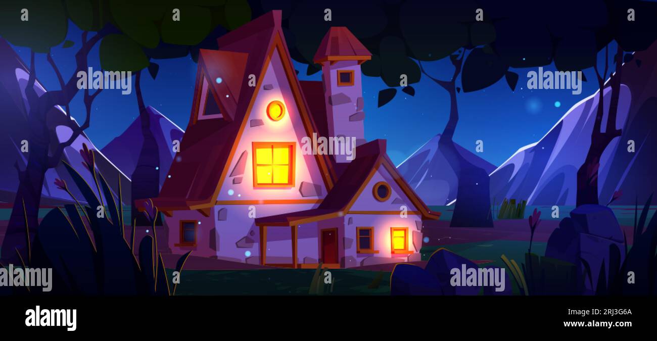 House in night forest vector landscape background. Hut near mountain ...