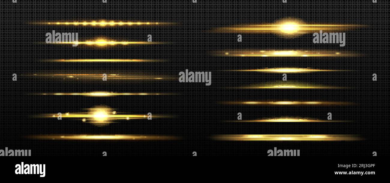 Realistic set of golden light lines isolated on transparent background ...