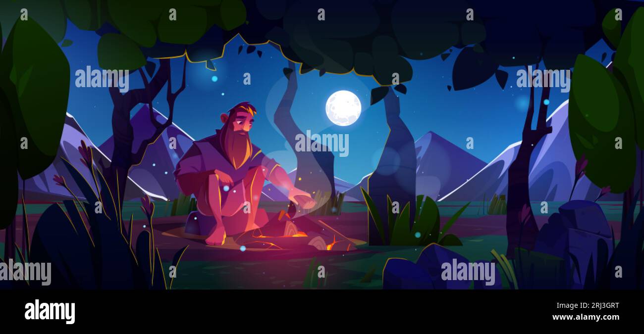Man in forest at night near fire on meadow vector landscape. Full moon ...