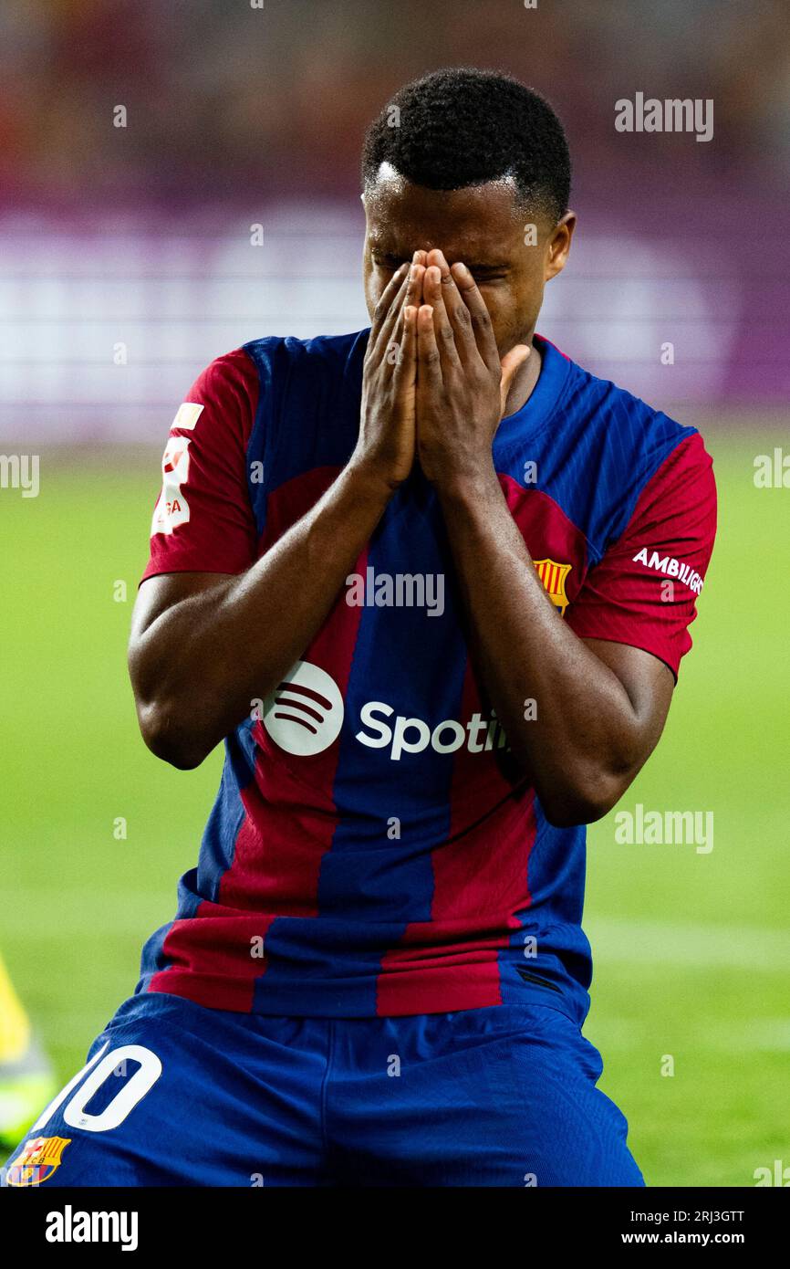 Barcelona, Spain. 20th Aug, 2023. Ansu Fati (FC Barcelona) reacts ...