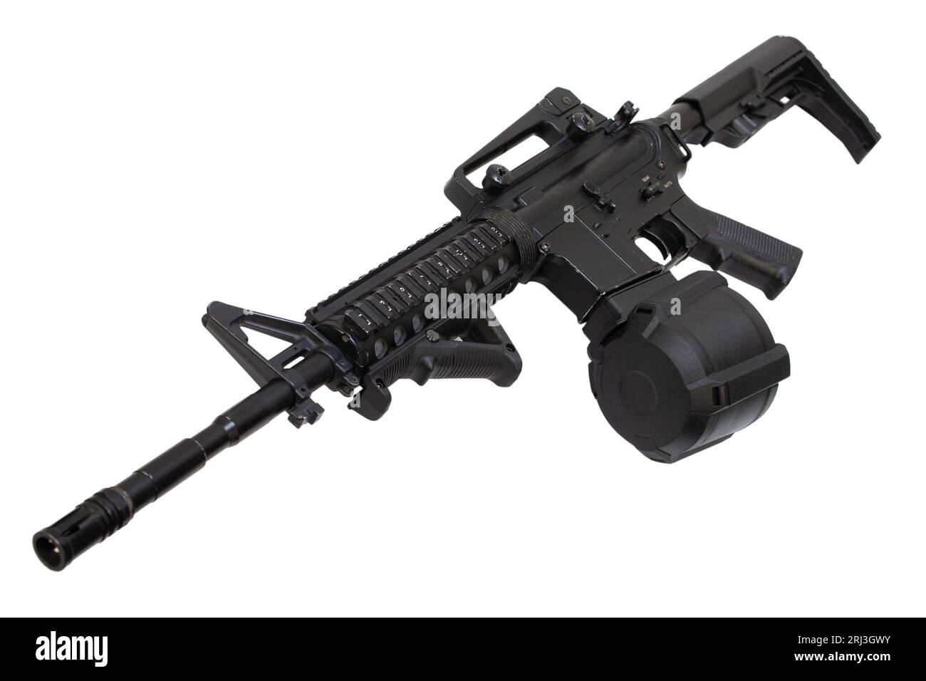 M4 assault rifle with drum magazine isolated on a white background ...